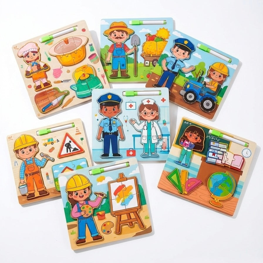 Rompecabezas 2 en 1 de Oficios – Madera + Mini Pintarrón Didáctico – Wanju